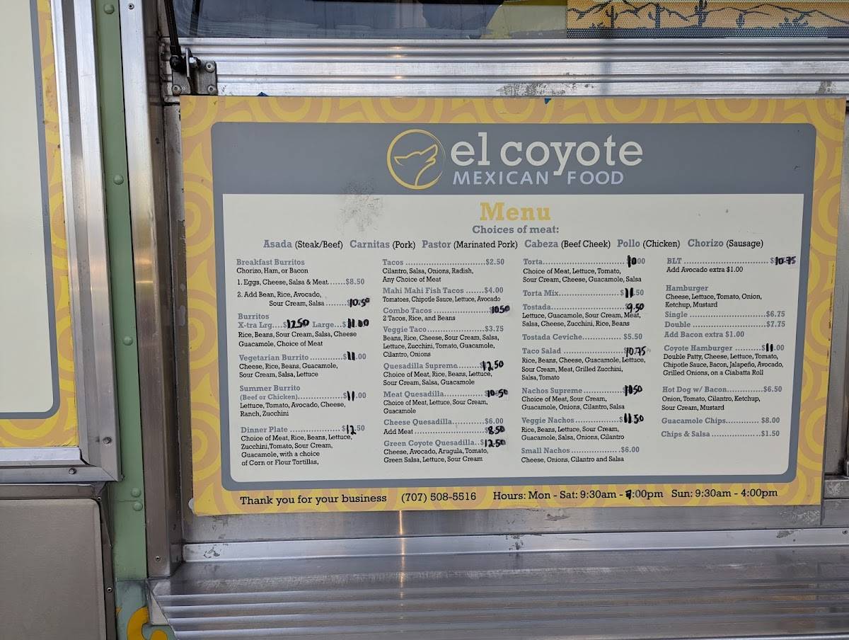 Menu at El Coyote restaurant, Sonoma