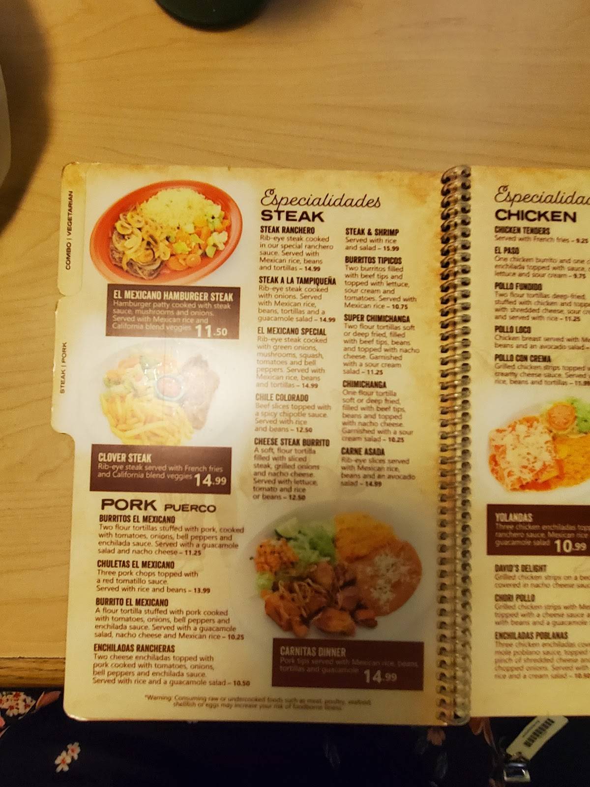 Menu at El Mexicano restaurant, Clover