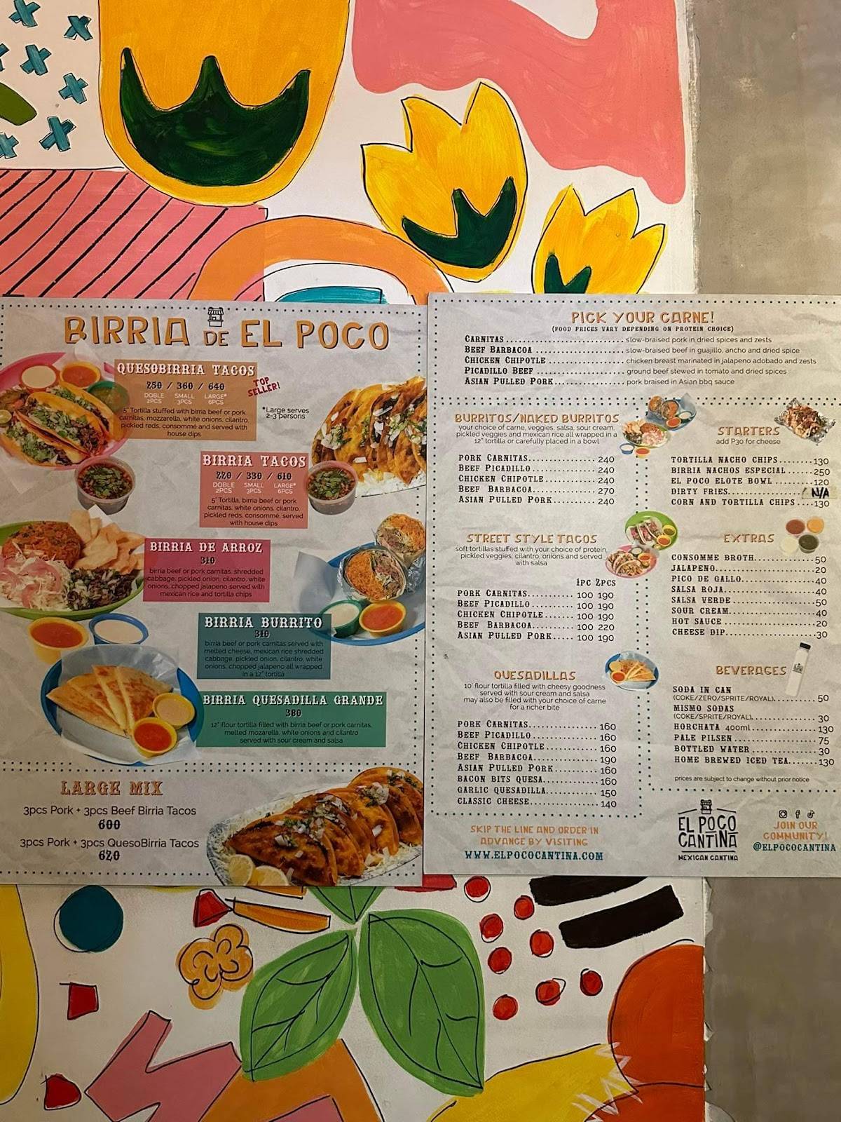 Menu at El Poco Cantina restaurant, Manila