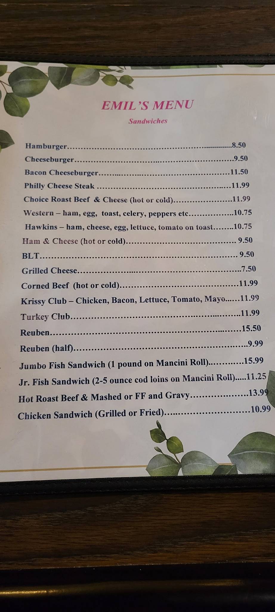 Menu at Emil's Lounge restaurant, Rankin