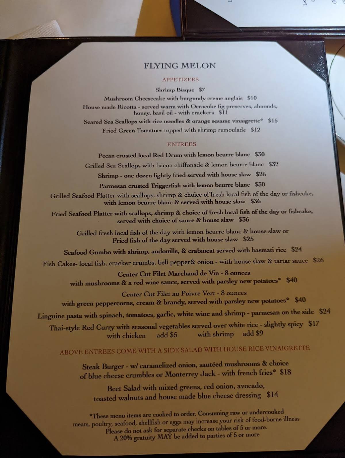 Menu at Flying Melon restaurant, Ocracoke