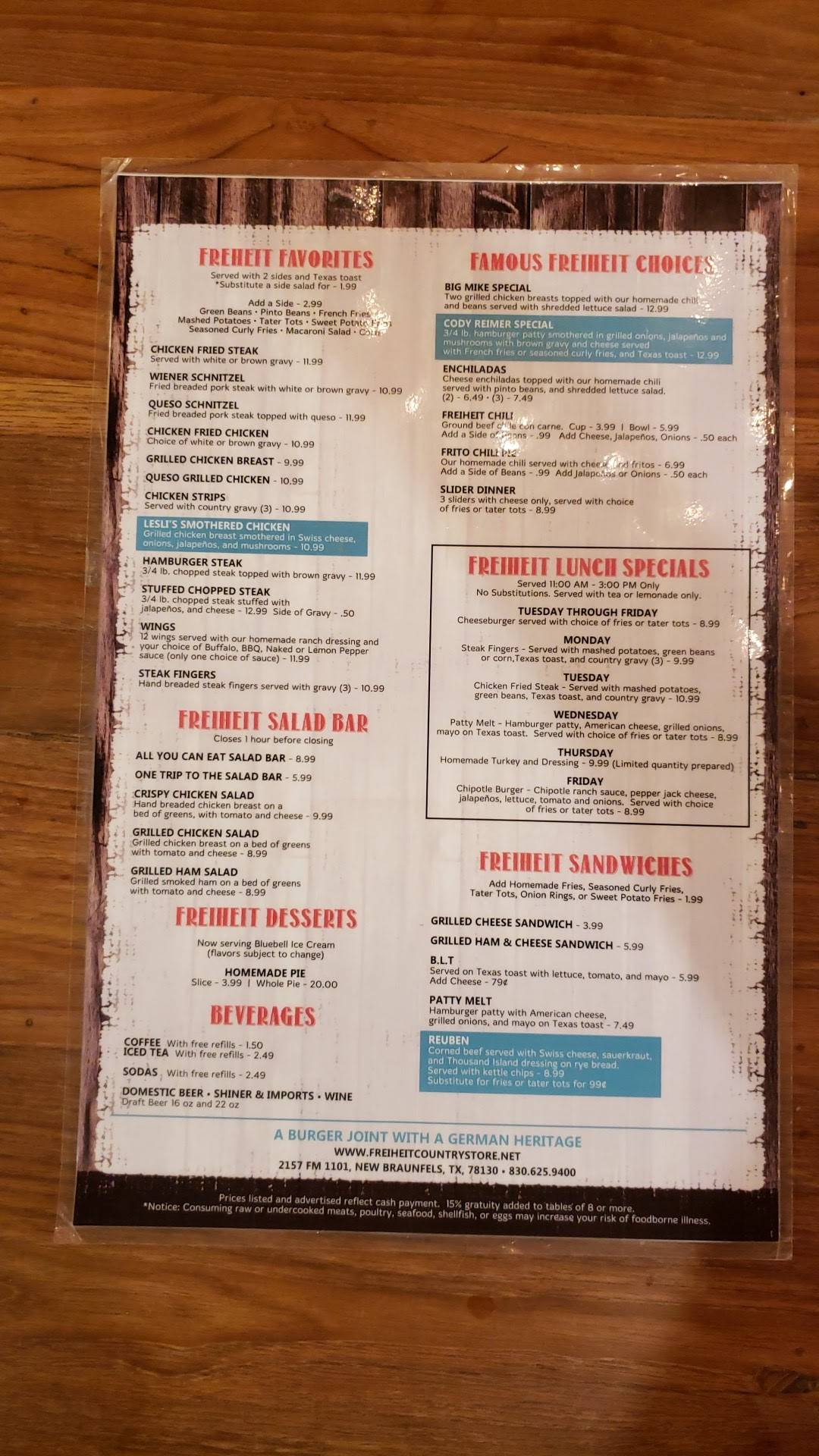 Surprising Freiheit Country Store Menu Gallery
