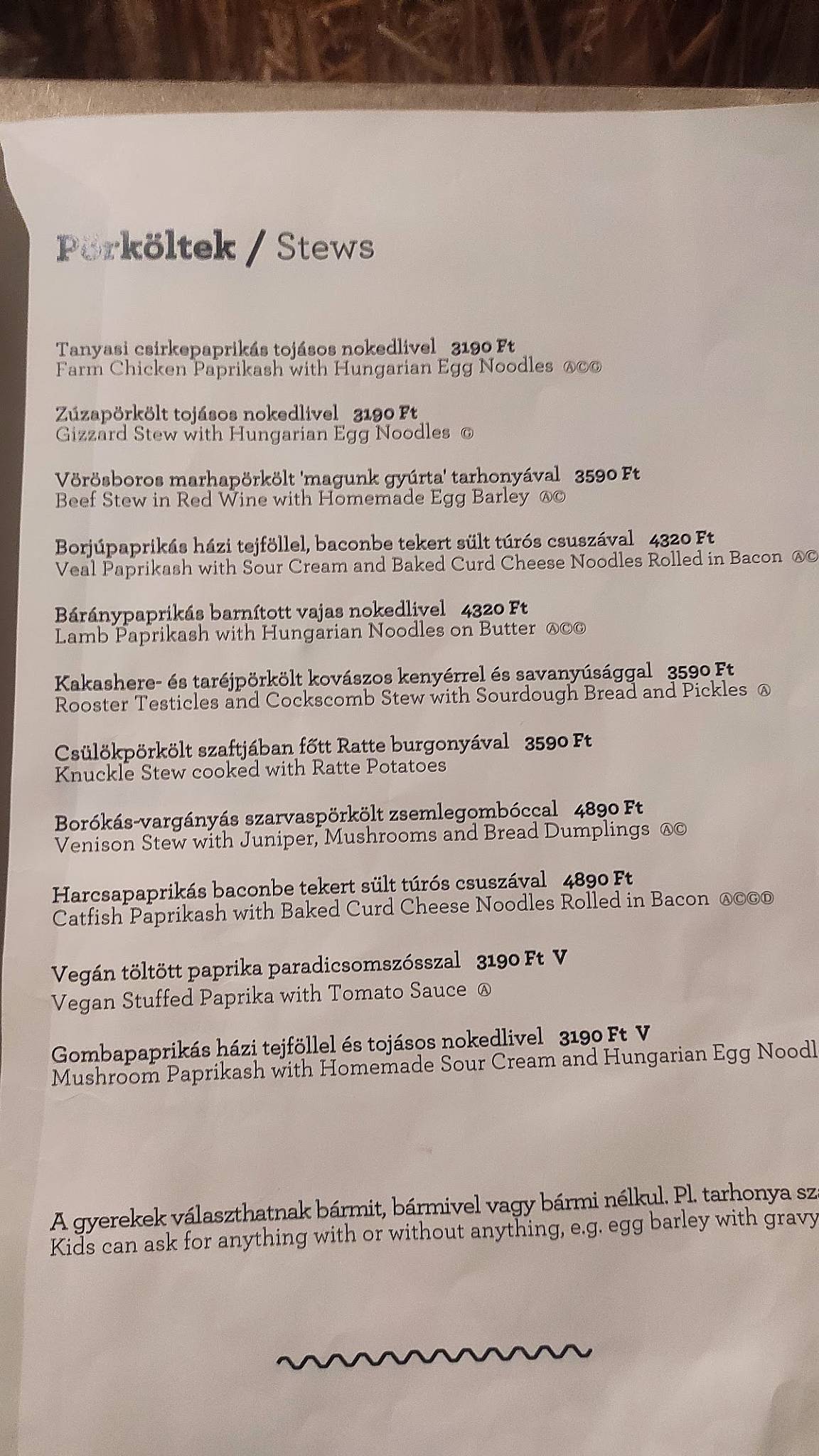 Menu at Gettó Gulyás restaurant, Budapest