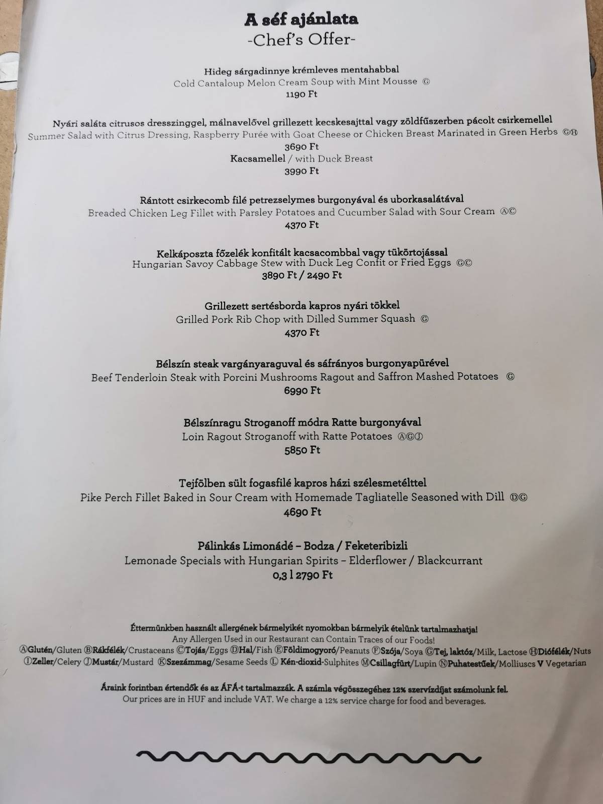 Menu at Gettó Gulyás restaurant, Budapest