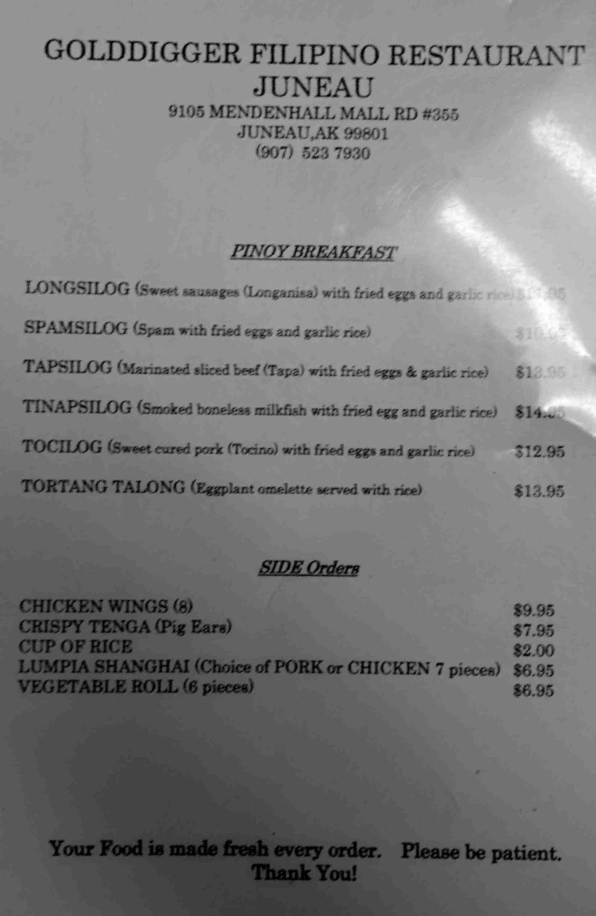 Menu at Gold Digger Filipino Restaurant, Juneau