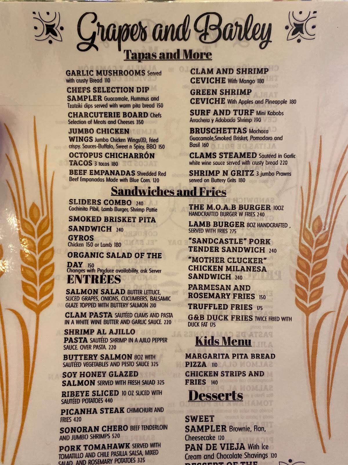 Menu at Grapes & Barley, Puerto Peñasco