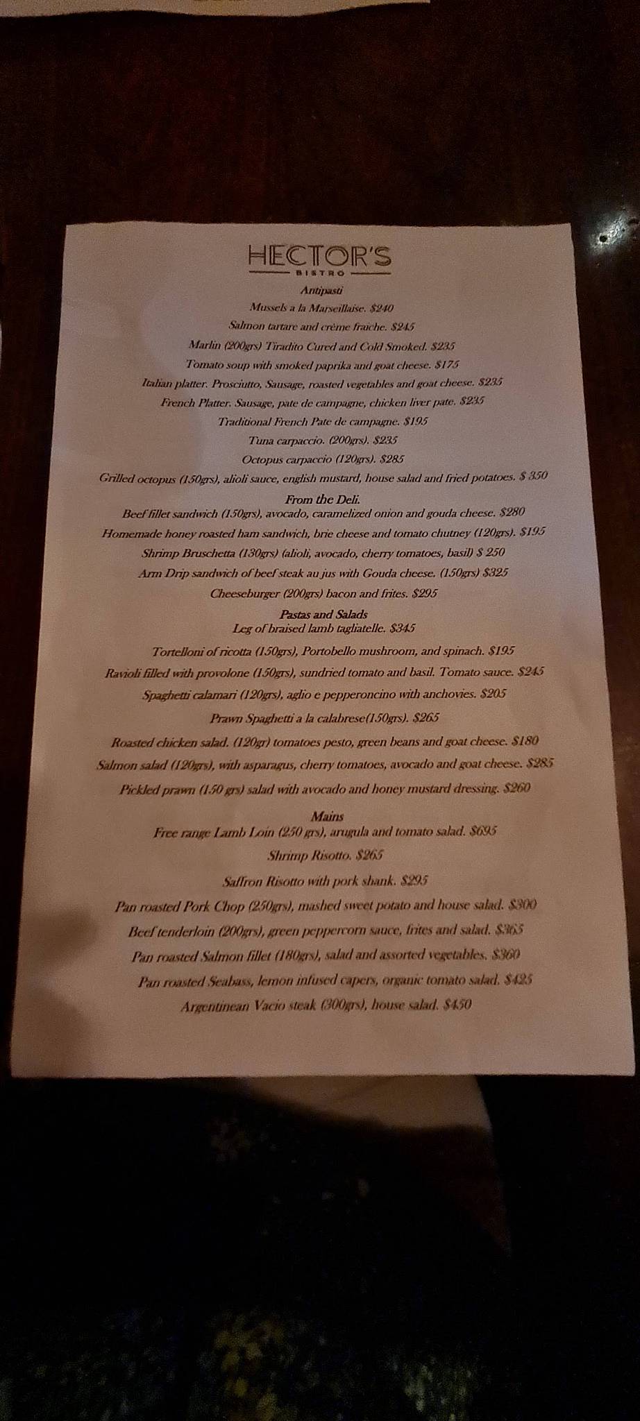 Menu at Hector's Bistro restaurant, Mazatlán