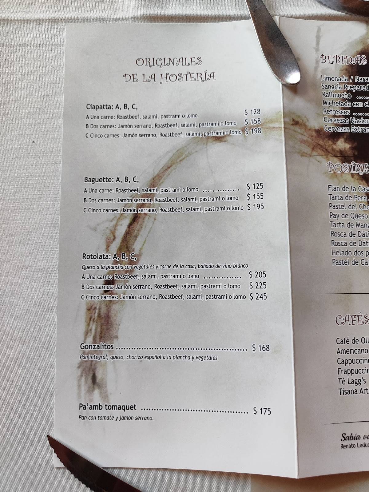Carta del restaurante Hostería Del Ángel, Zapopan