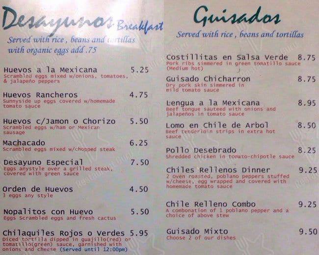 Menu at El Indio Cocina Mexicana restaurant, Chicago