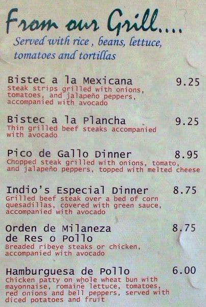 Menu at El Indio Cocina Mexicana restaurant, Chicago