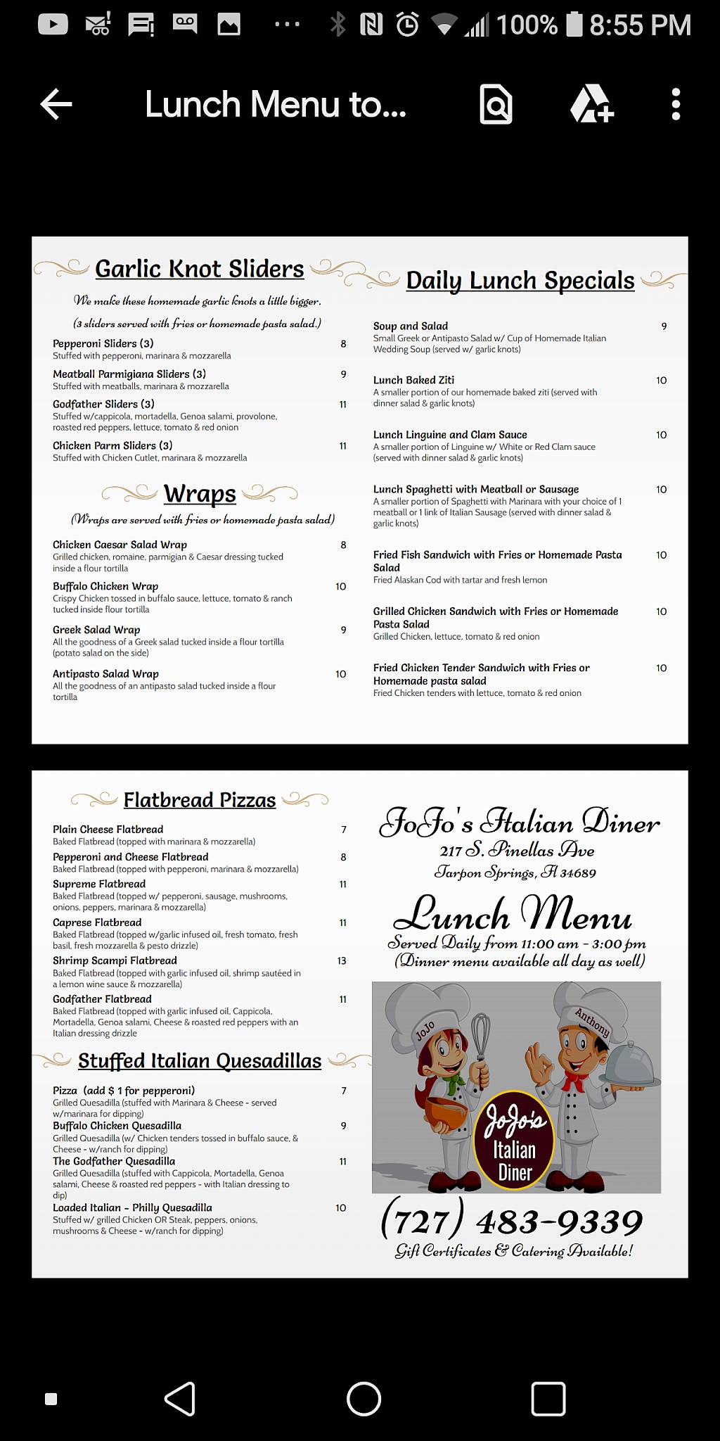 Menu at JoJo's Italian Diner restaurant, Tarpon Springs