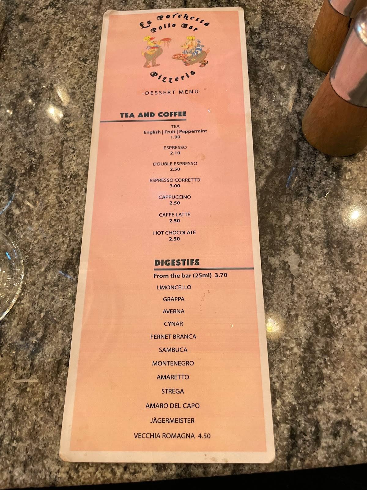 Menu at La Porchetta Pollo Bar, London