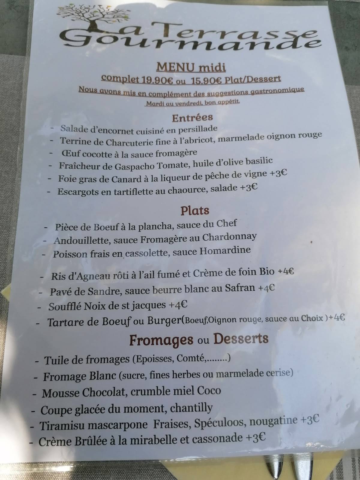 Menu au la terrasse gourmande restaurant, Monéteau