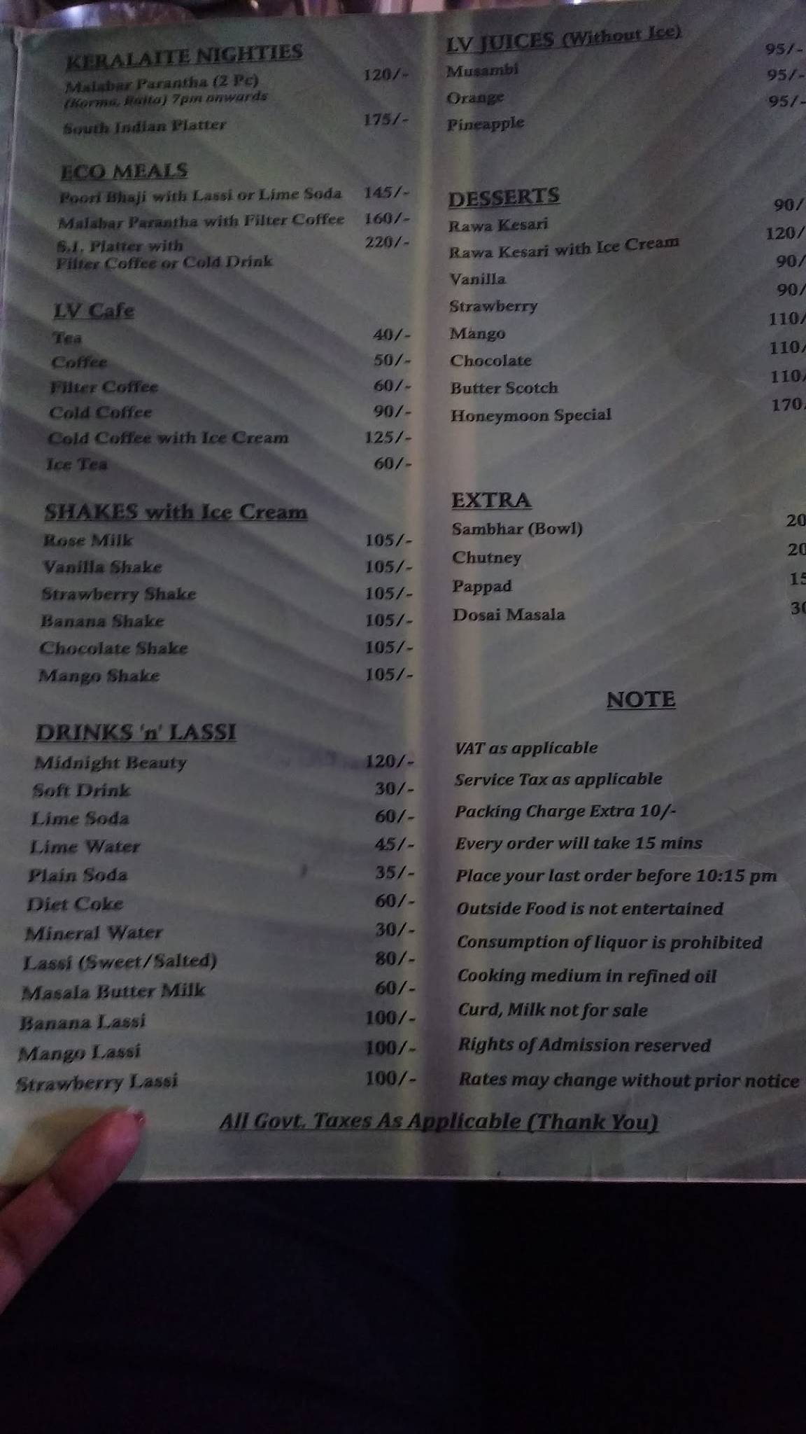 Menu at Lakshmi Vilas, Agra