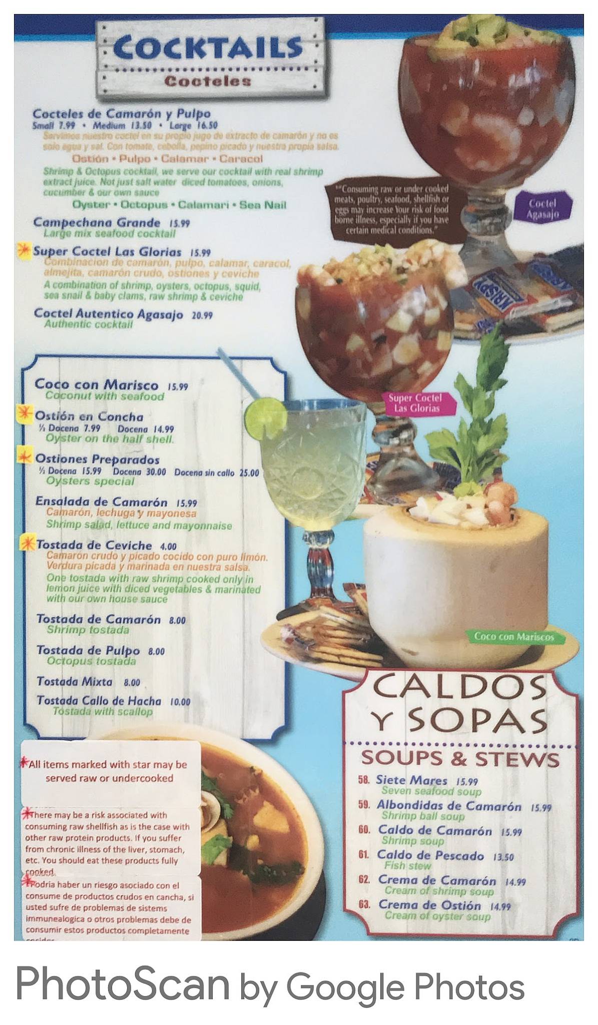 Menu at Las Glorias Mexican Seafood restaurant, Phoenix
