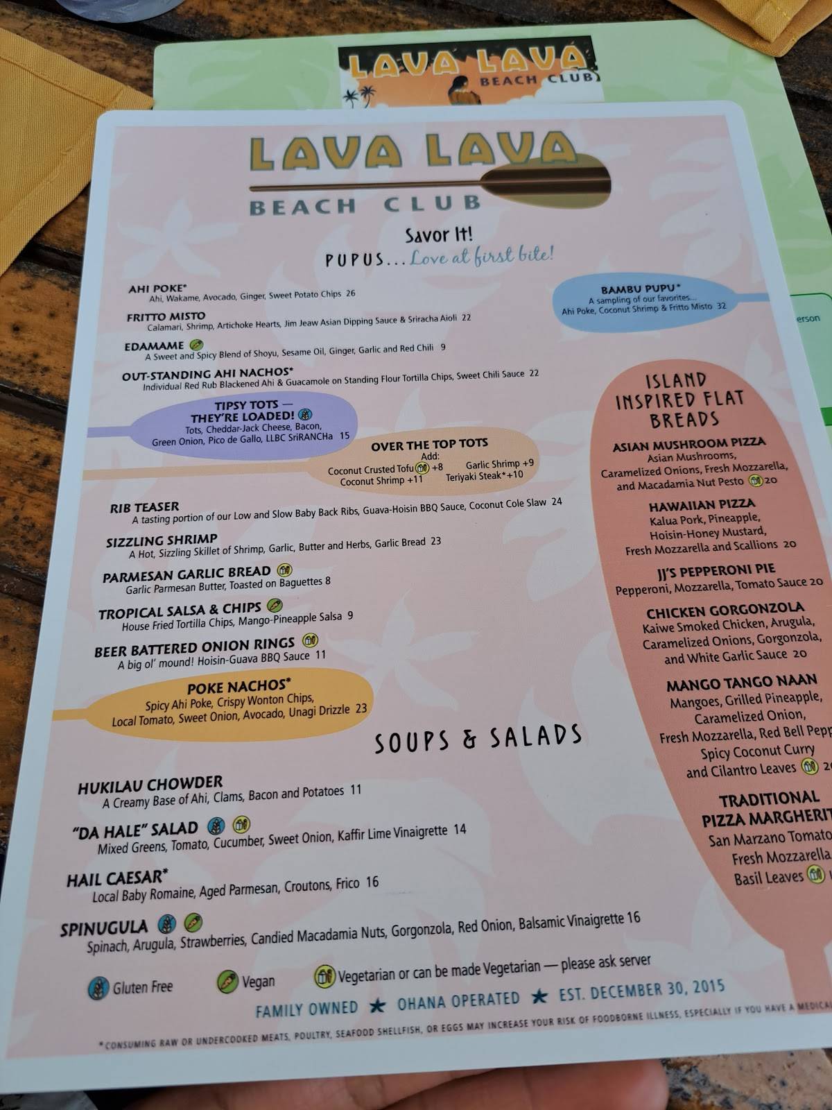 Menu at Lava Lava Beach Club, Kapaa