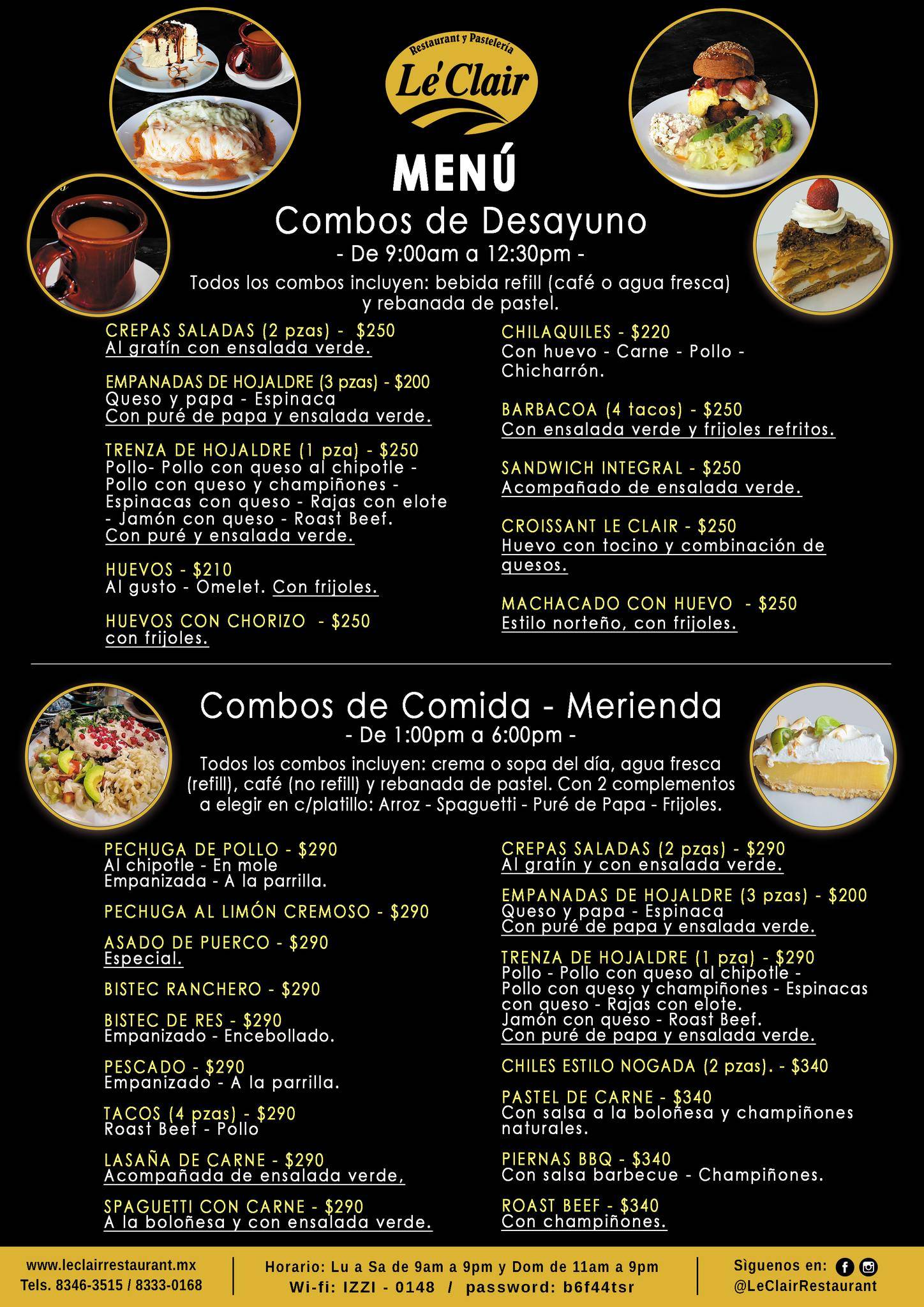 Carta de Le Clair Restaurant: Cafetería, Restaurant y Pastelería en ...