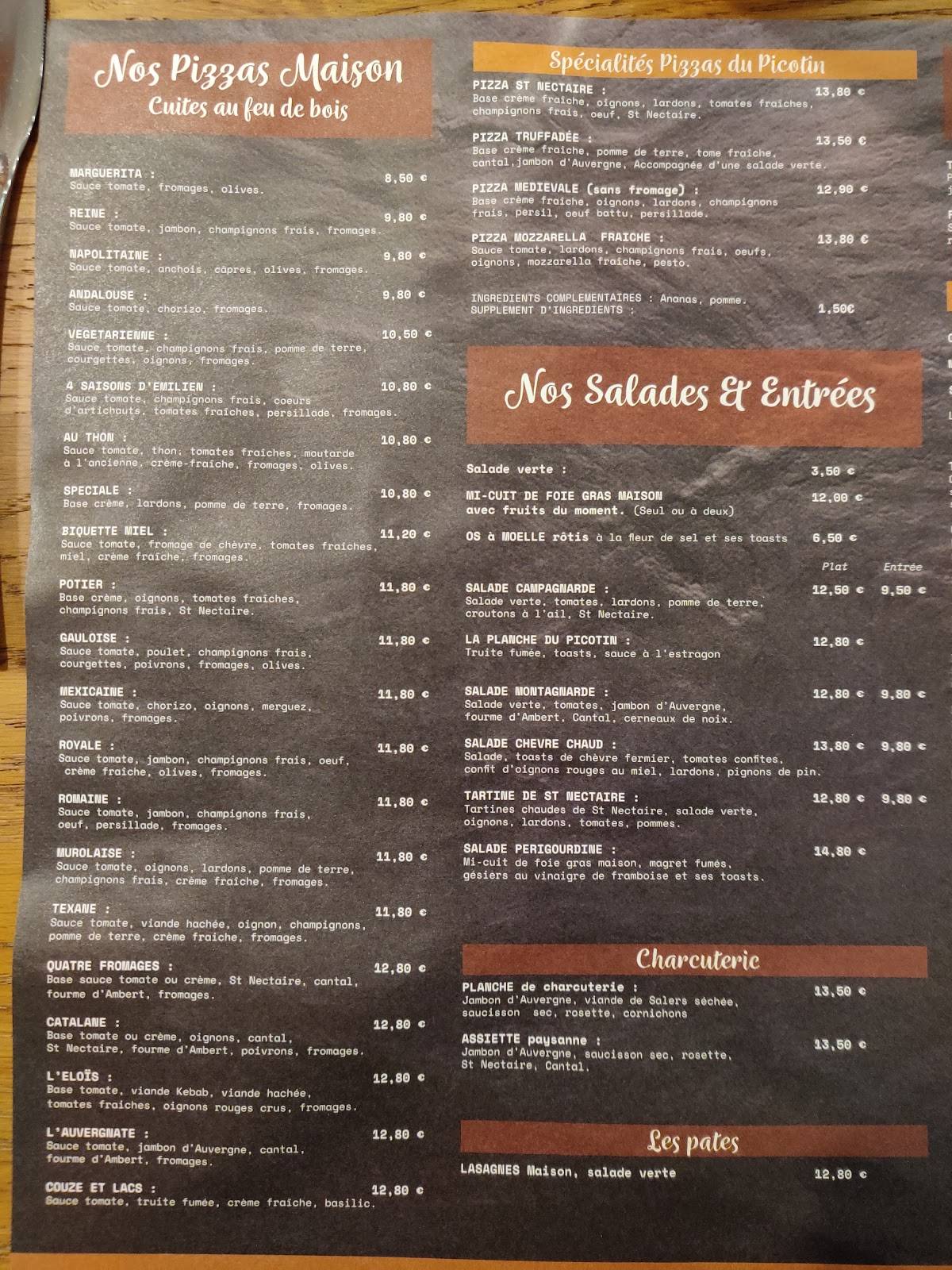 Menu au Le Picotin restaurant, Murol, Rue George Sand
