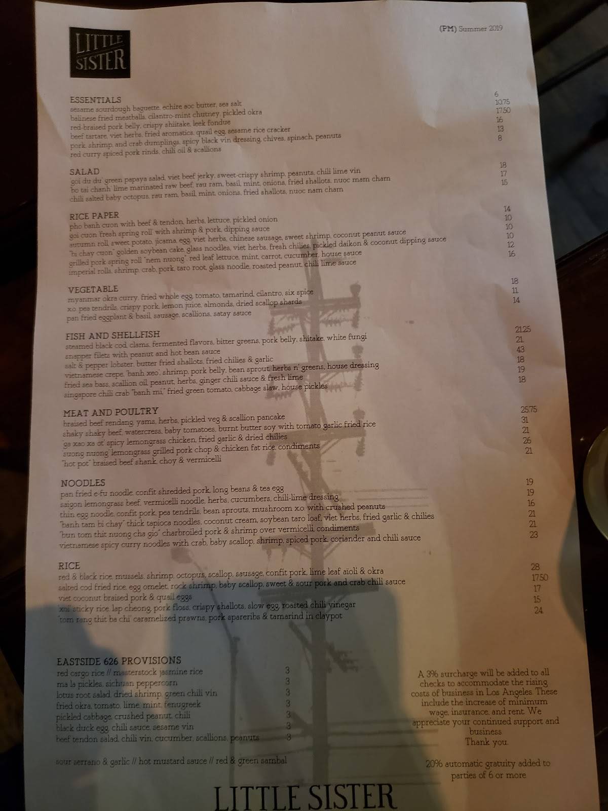 Menu at Little Sister DTLA restaurant, Los Angeles