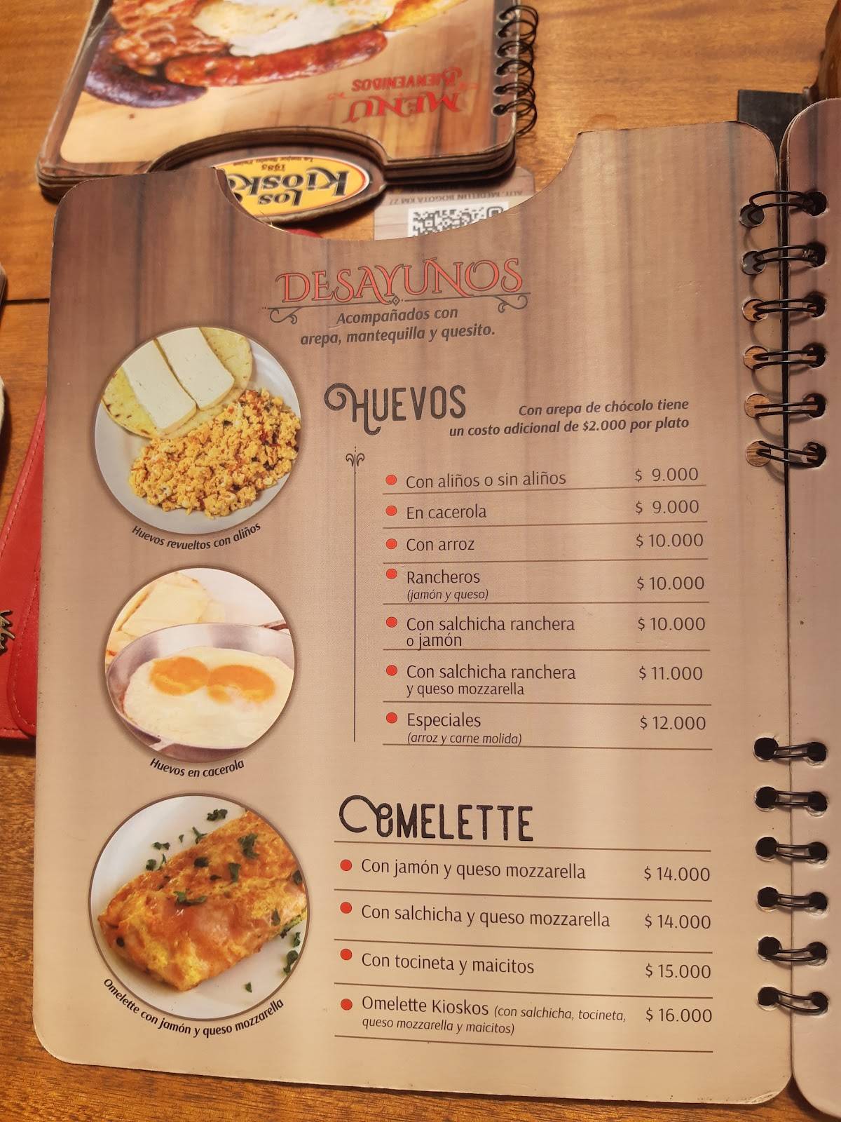Menu at Los Kioskos restaurant, Guarne, Autopista Medellín-Bogotá #Km 27
