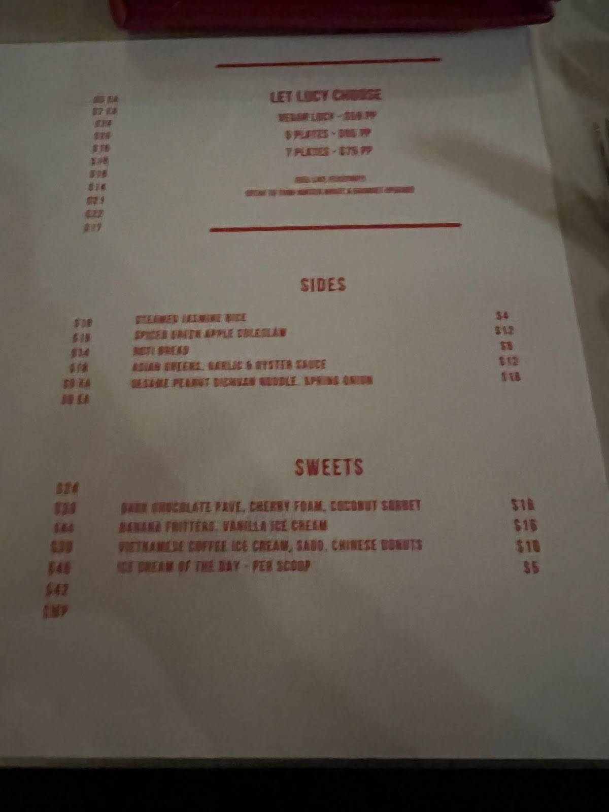 Menu at Lucy Liu Kitchen and Bar, Melbourne