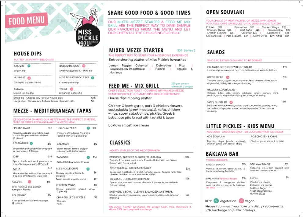 Menu at Miss Pickle 1971 Restaurant Point Cook, Point Cook