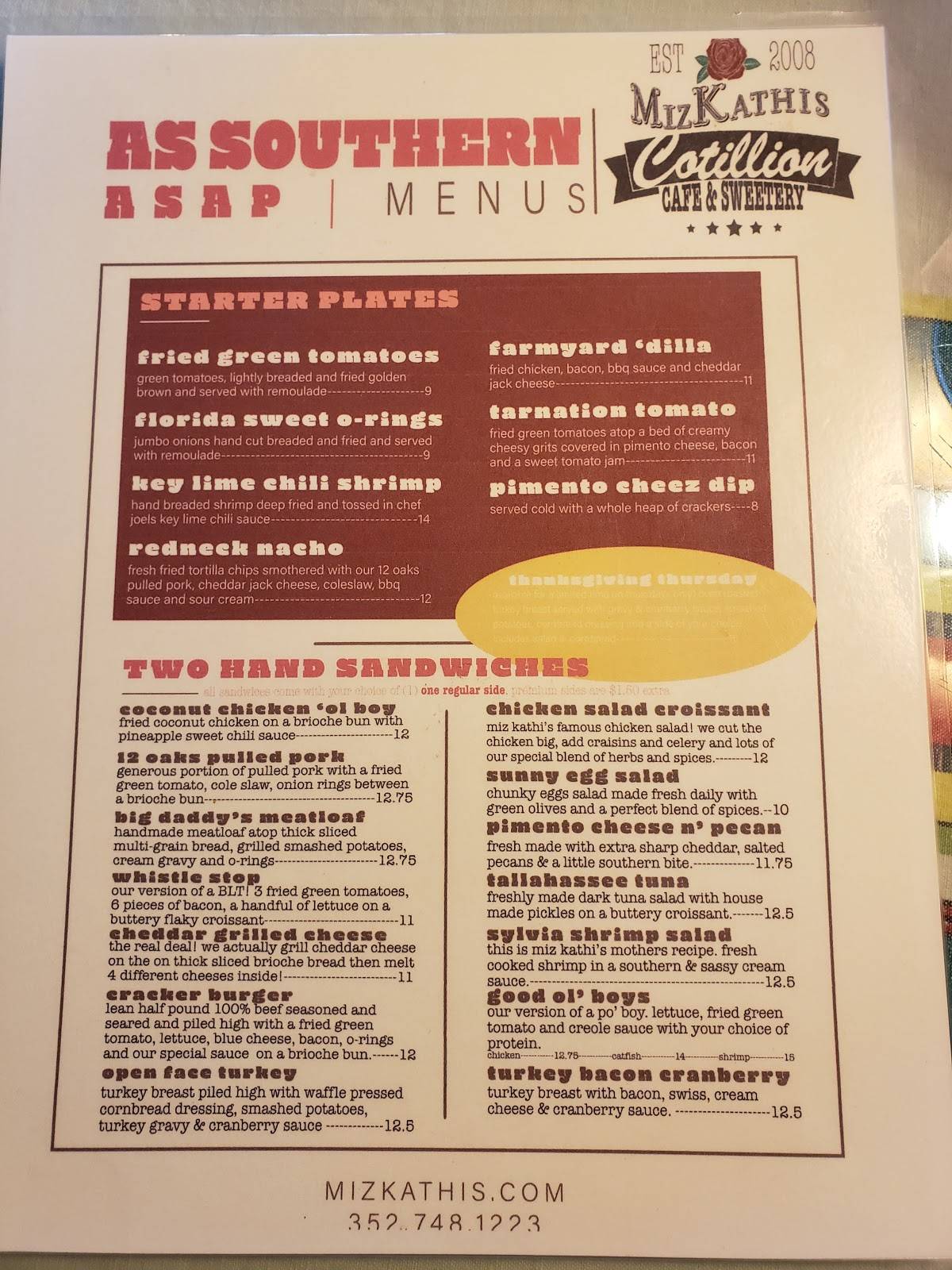 Menu at Miz Kathi’s Cotillion Southern Cafe, Wildwood