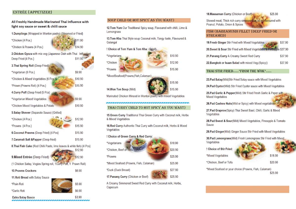 Menu at Mornington Thai restaurant, Mornington