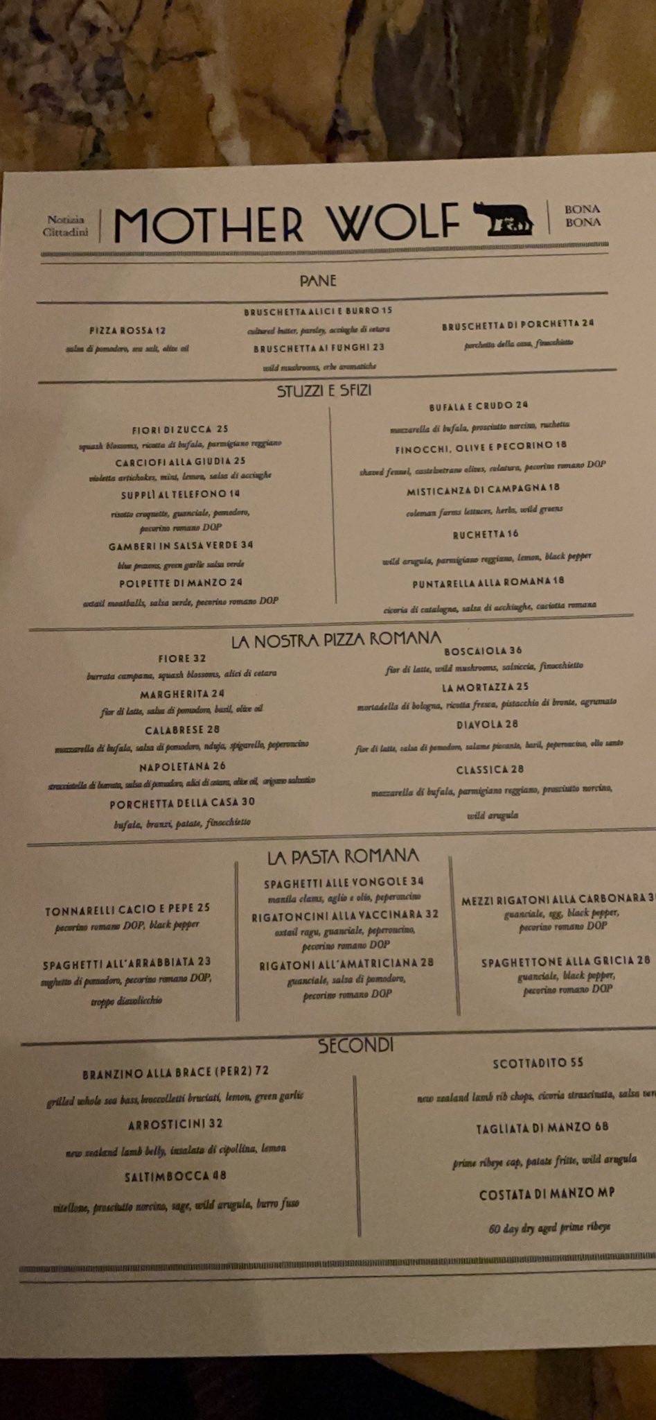 Menu at Mother Wolf restaurant, Los Angeles
