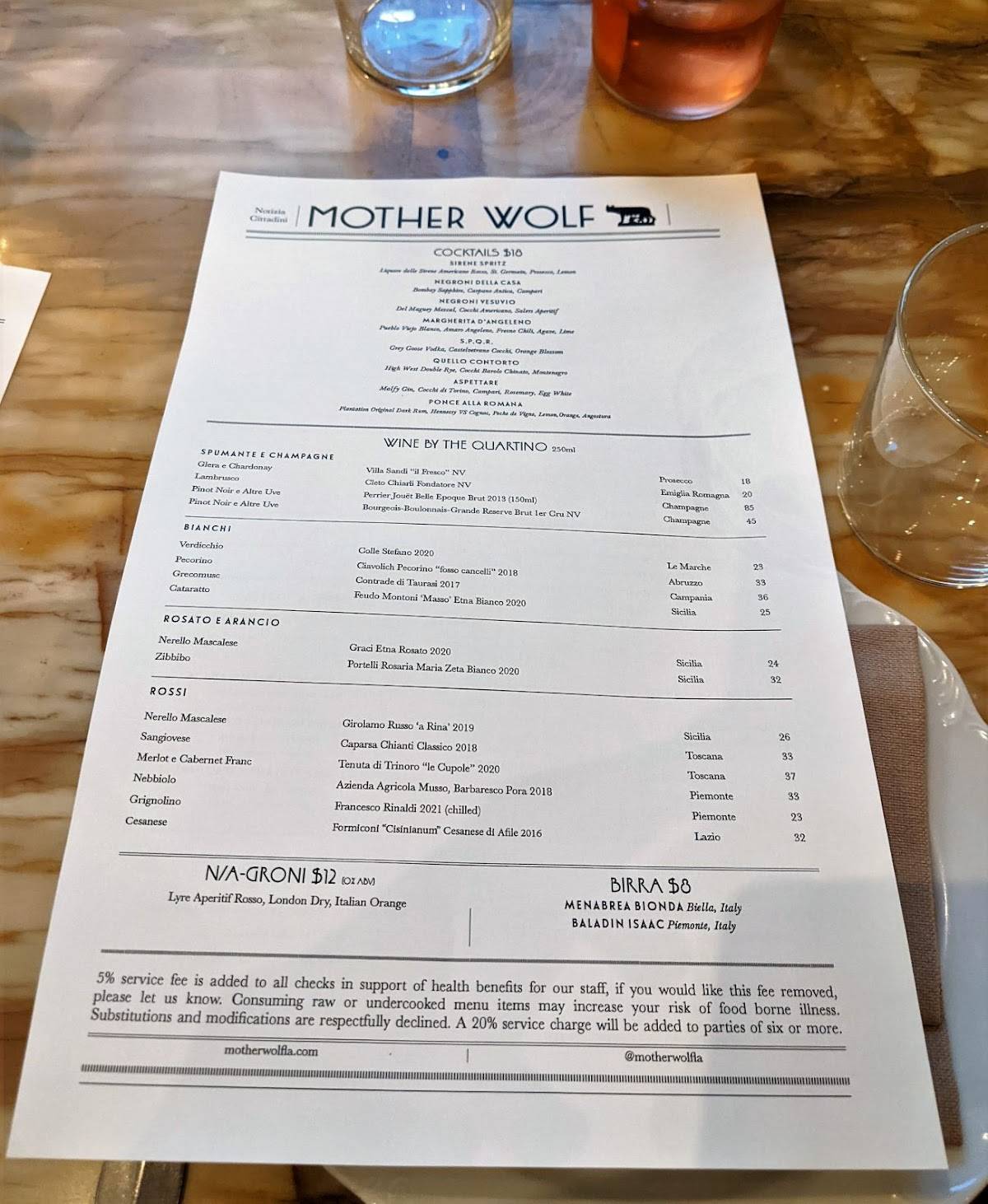 Menu at Mother Wolf restaurant, Los Angeles
