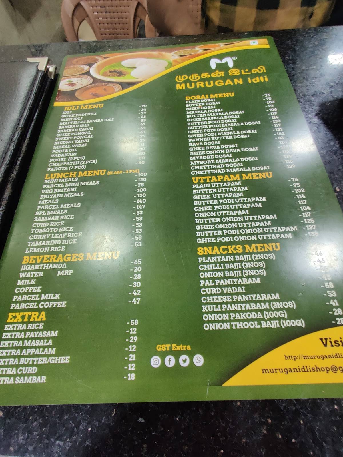 Menu at Murugan Idli Shop, Chennai, AH-17