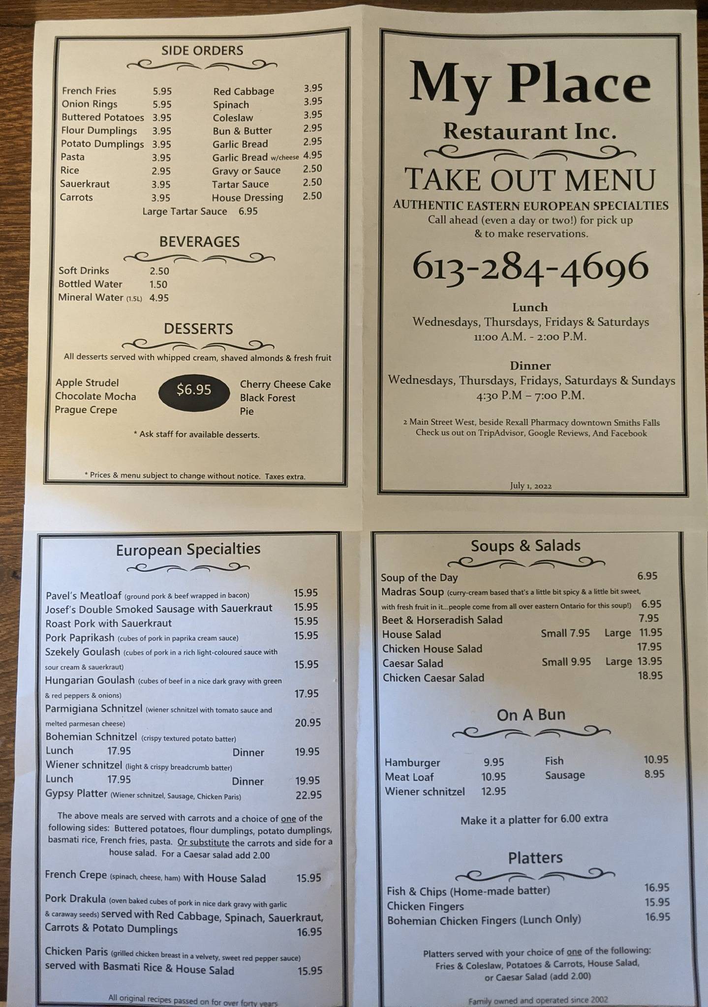 Menu at My Place Restaurant, Smiths Falls