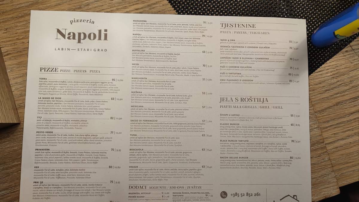 Menu at Napoli restaurant, Labin