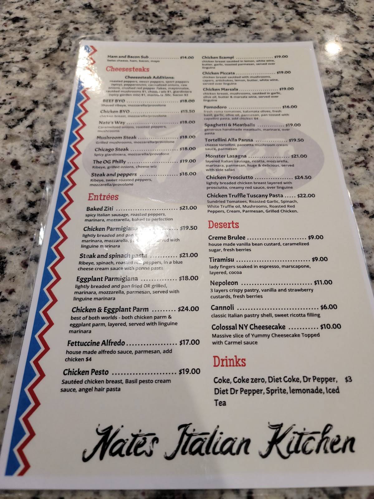 Menu at Nate's Italian Kitchen restaurant, Tucson