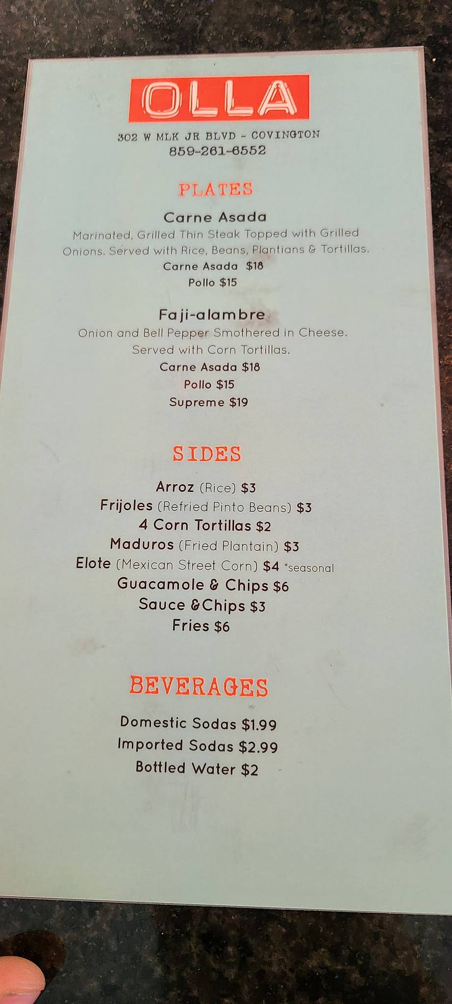 Menu at OLLA Taqueria restaurant, Covington