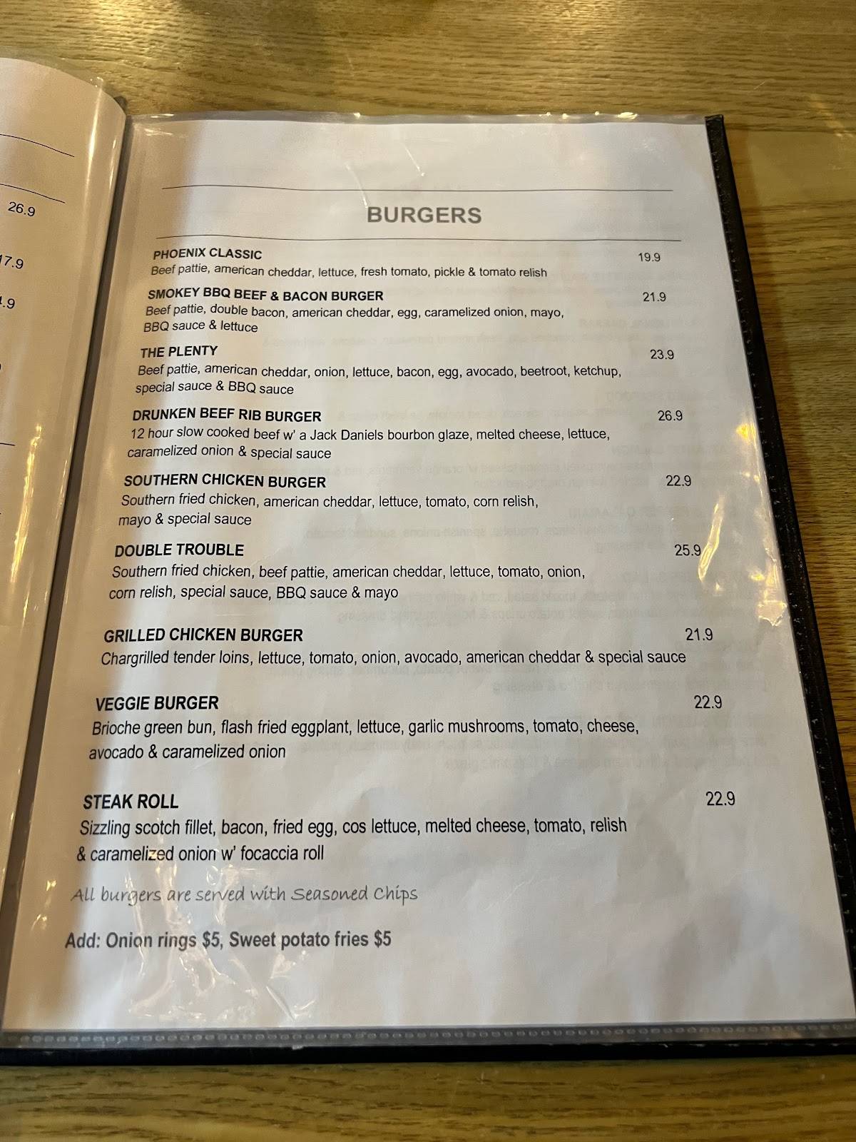 Menu at Phoenix and Co restaurant, Plenty