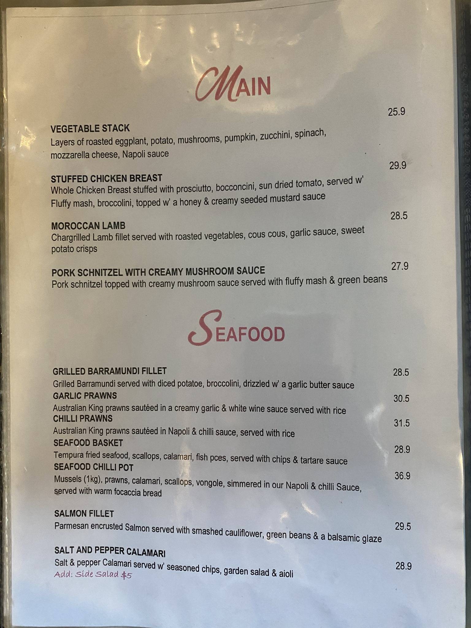 Menu at Phoenix and Co restaurant, Plenty