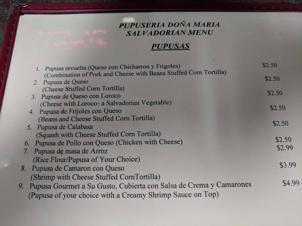 Menu at Pupusería Doña María restaurant, Rancho Cucamonga