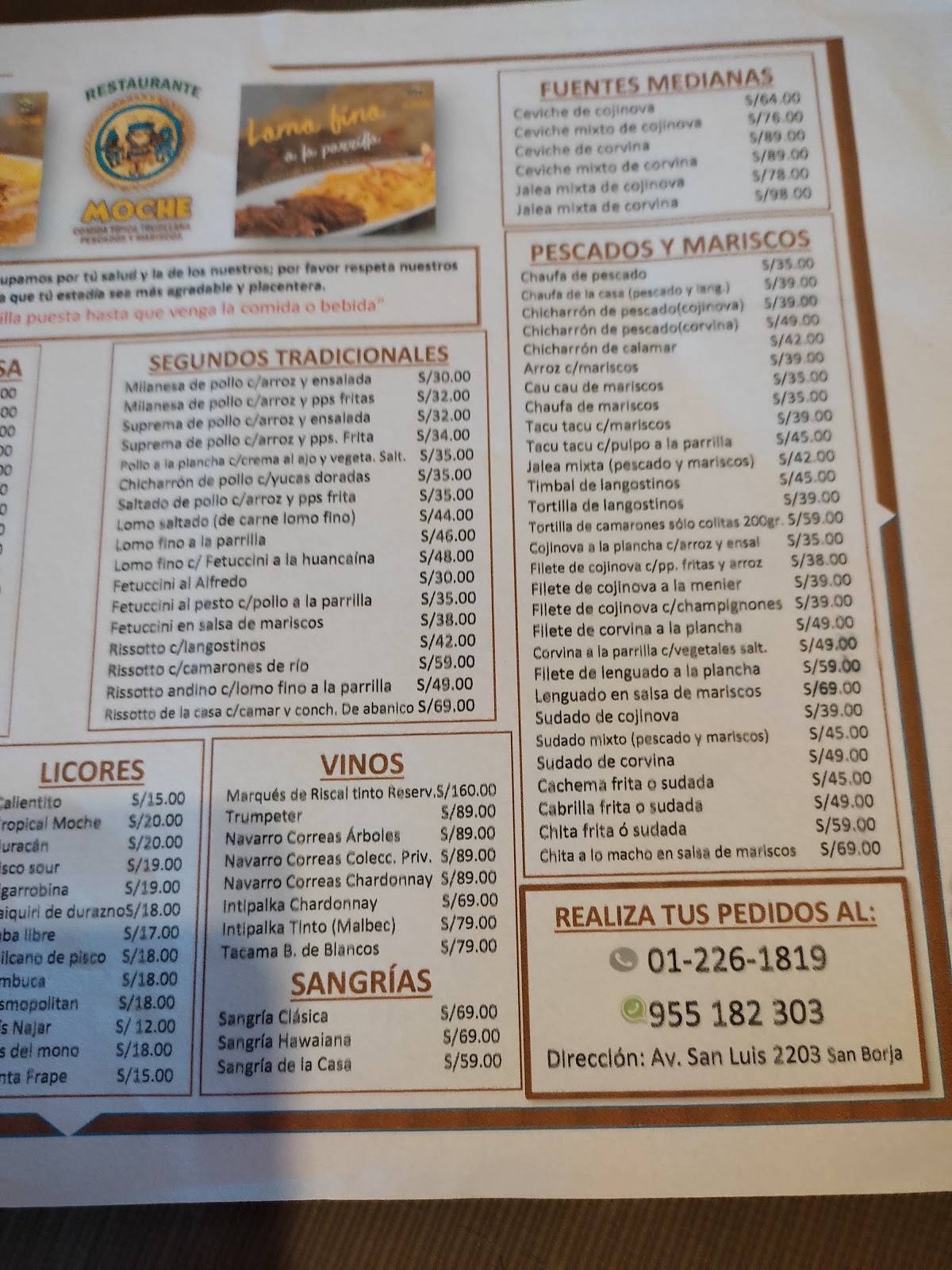Carta de Restaurante Moche San Borja, San Borja, Av. San Luis 2203