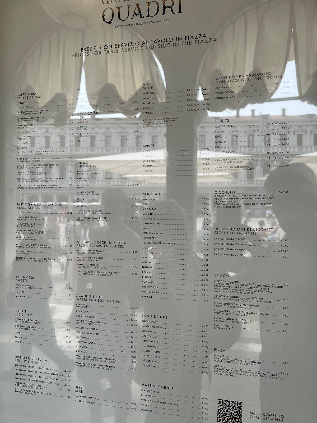 Menu da Gran Caffè Quadri ristorante, Venezia