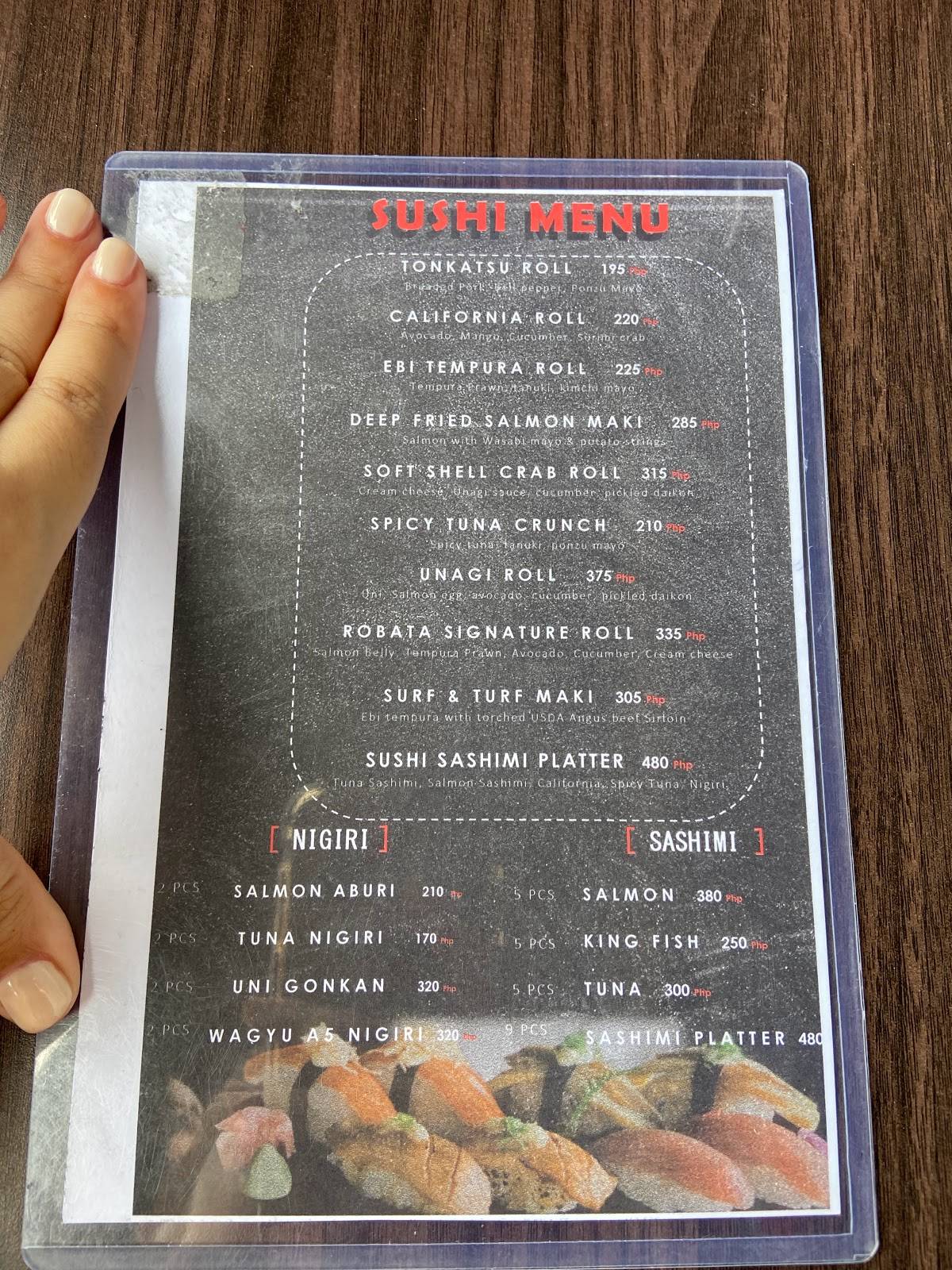 Menu at Robata Davao restaurant, Davao City