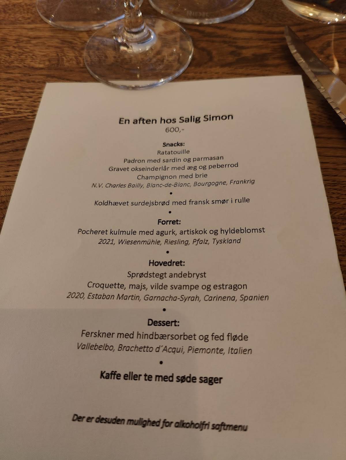 Menu at Salig Simons Gaard restaurant, Svendborg