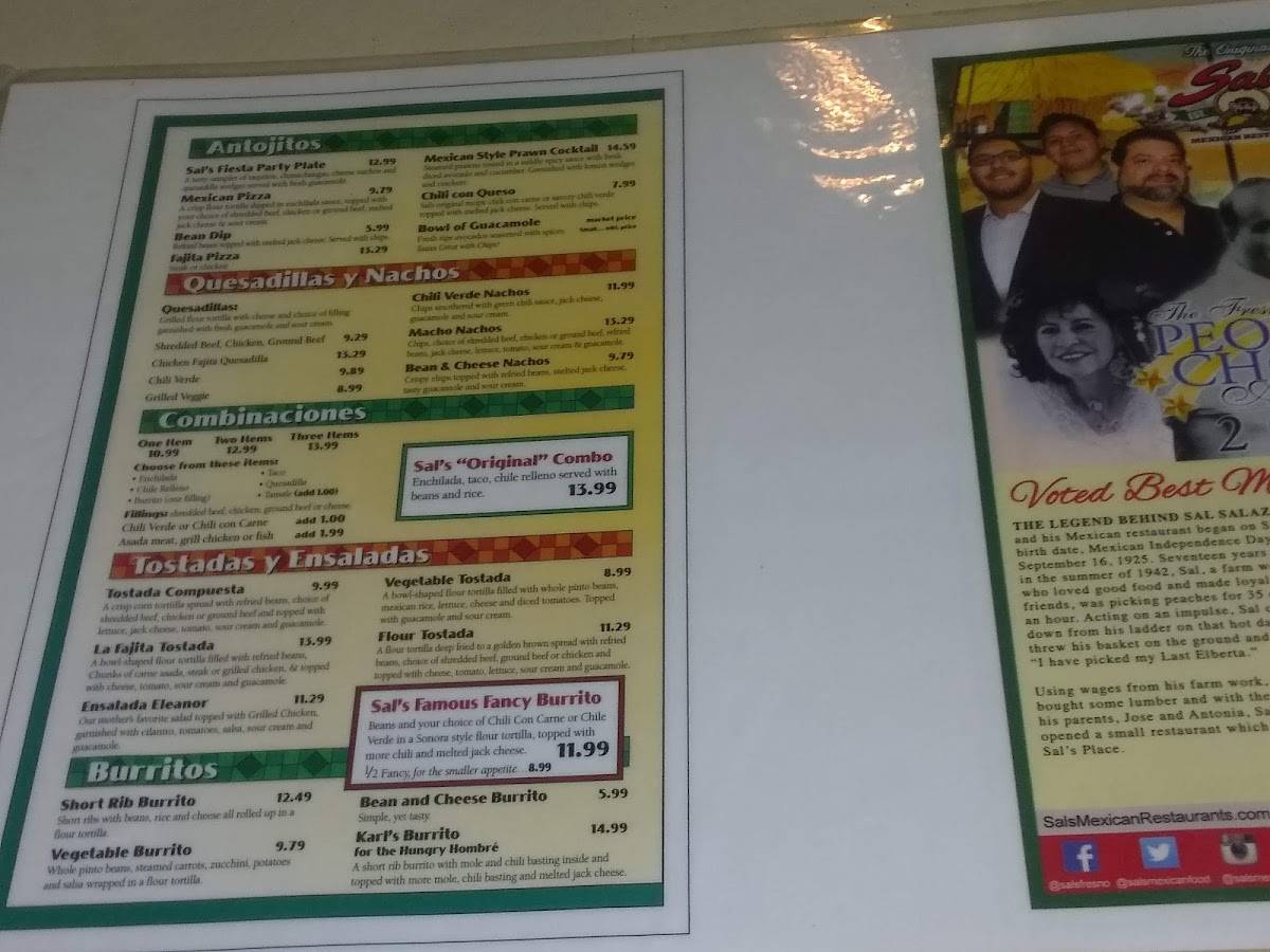 Menu at Sal's Mexican Restaurant - Fresno, Fresno