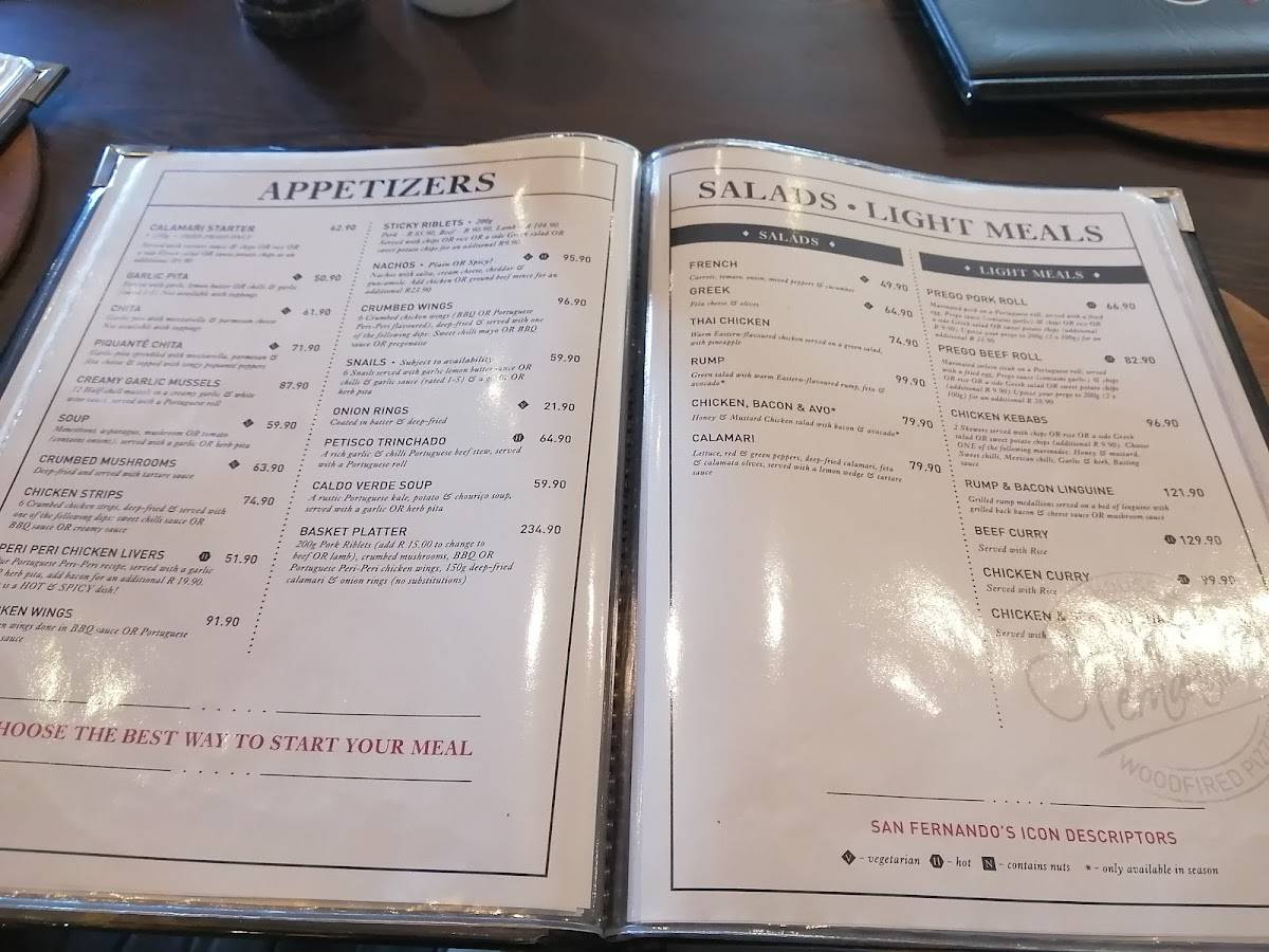 Menu at San Fernando's Grillhouse & Woodfired Pizzeria, Port Elizabeth
