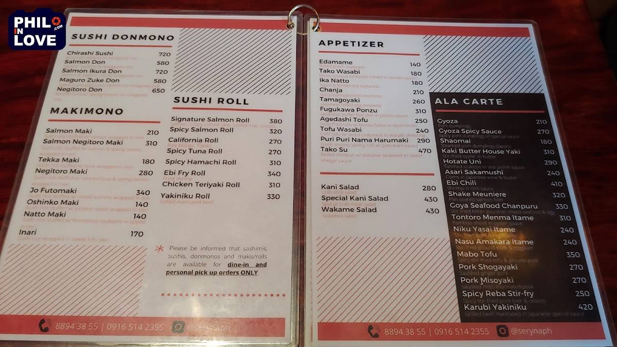 Menu at Seryna Japanese Restaurant, Makati, Chino Roces Ave