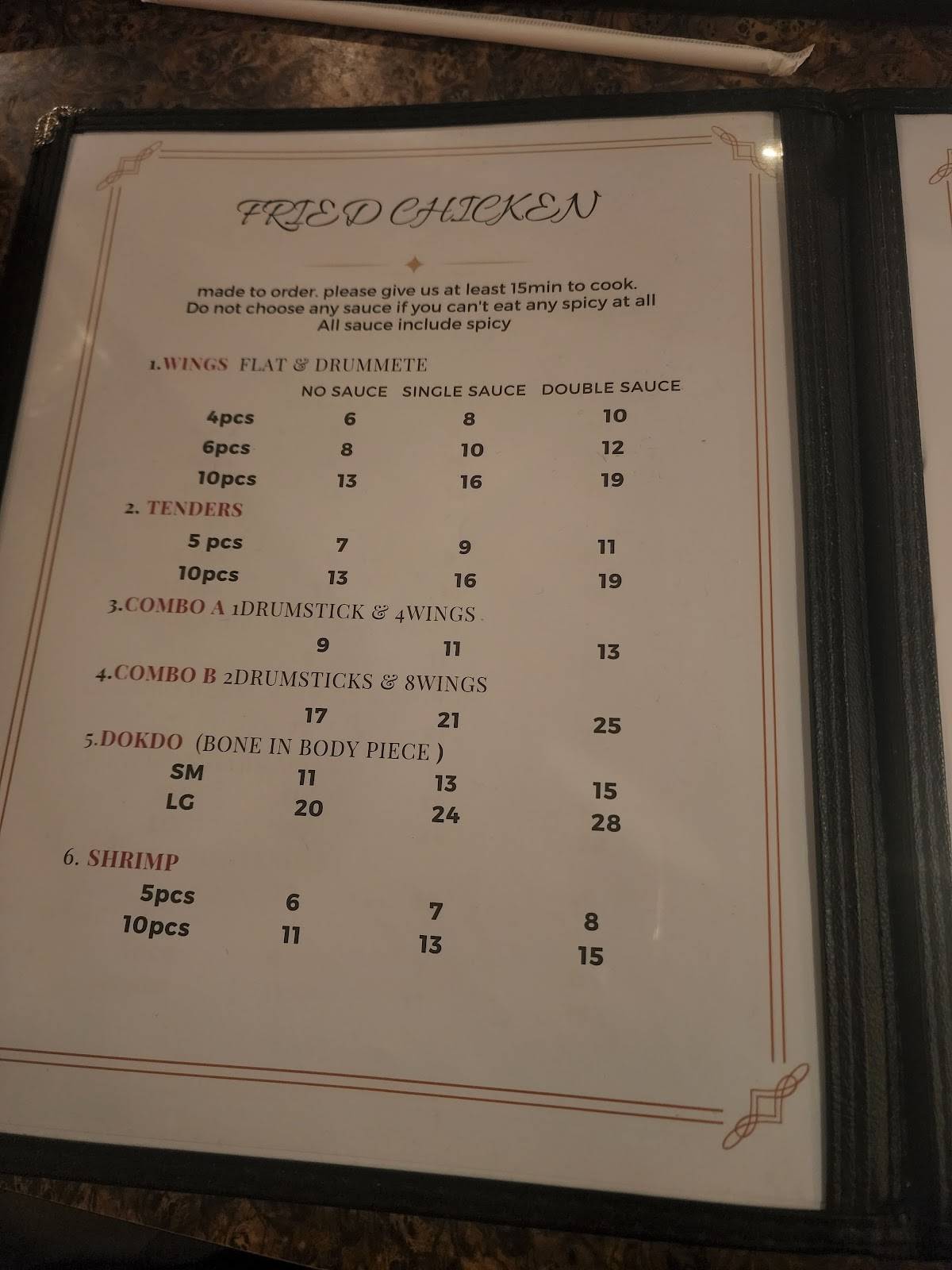 Menu at Soo Cafe, Raleigh
