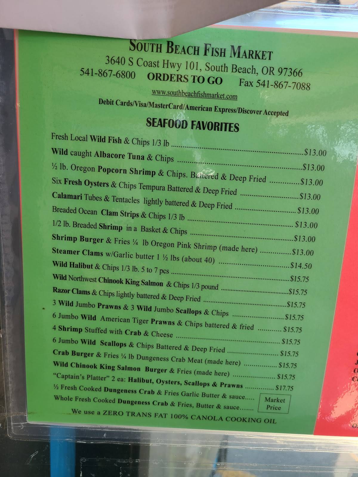 Menu at South Beach Fish Market restaurant, Newport
