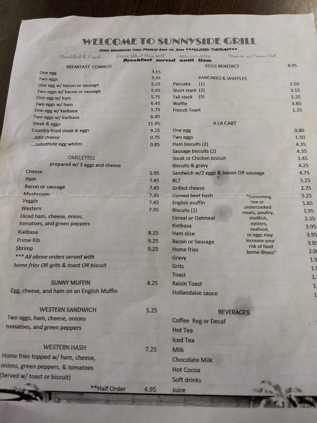 Menu at Sunnyside Grill restaurant, Panama City Beach