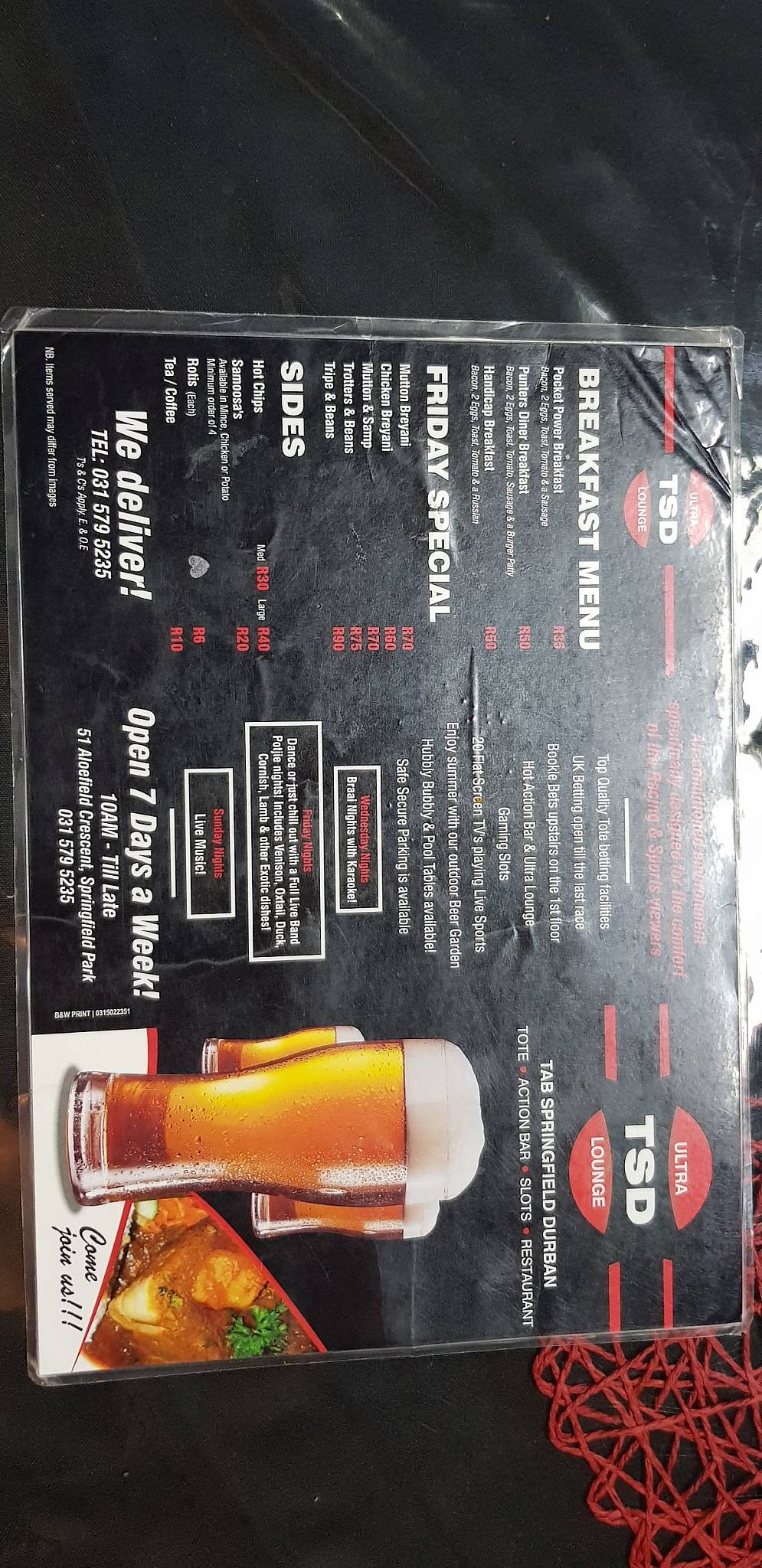 Menu at TSD Ultra LOUNGE restaurant, Durban North