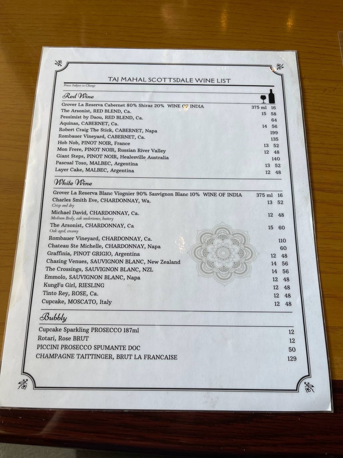 Menu at Taj Mahal Restaurant & Lounge, Scottsdale